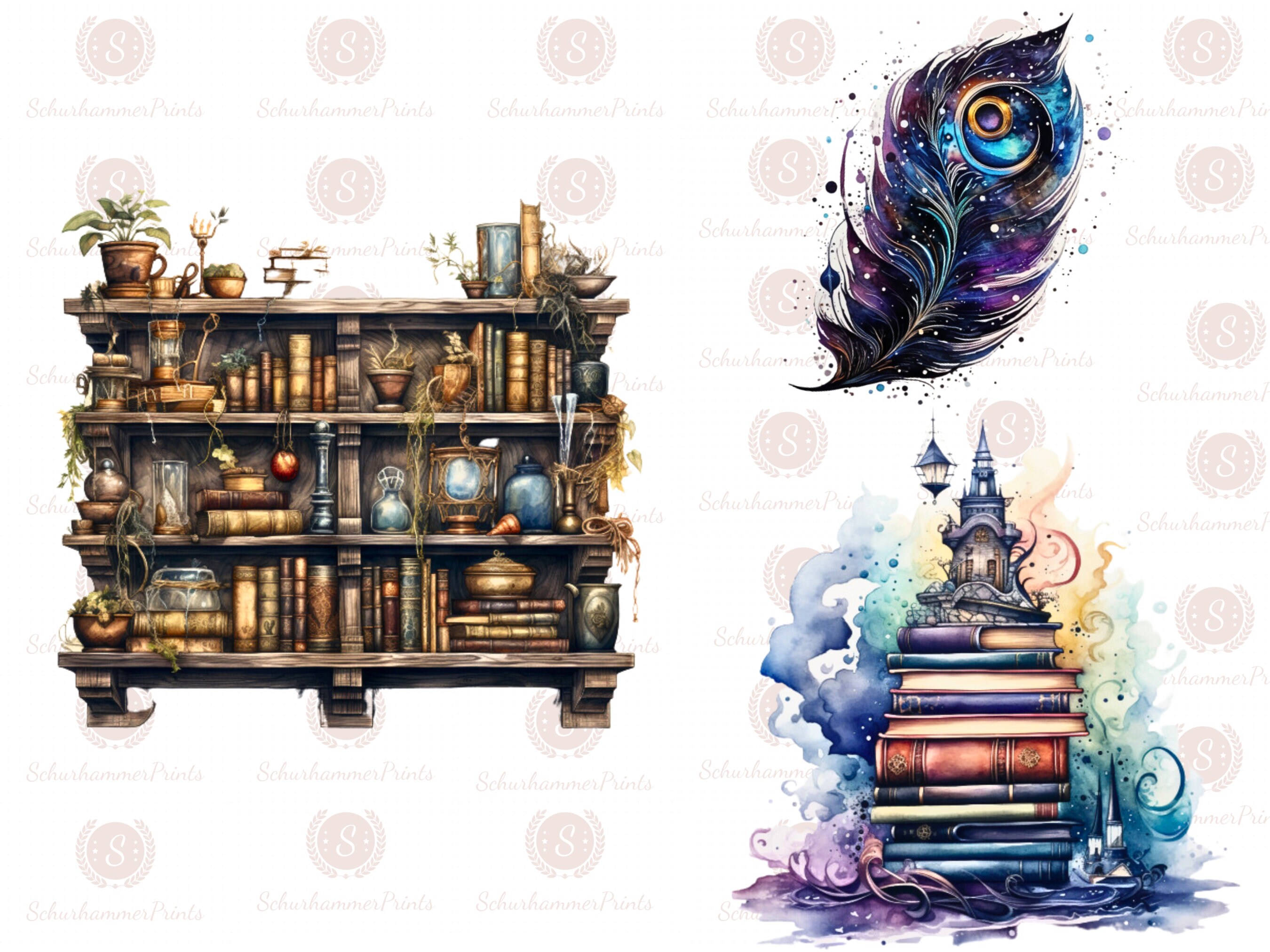Watercolor Fantasy Books Clipart, Vintage Books, Magic Books, Library ...