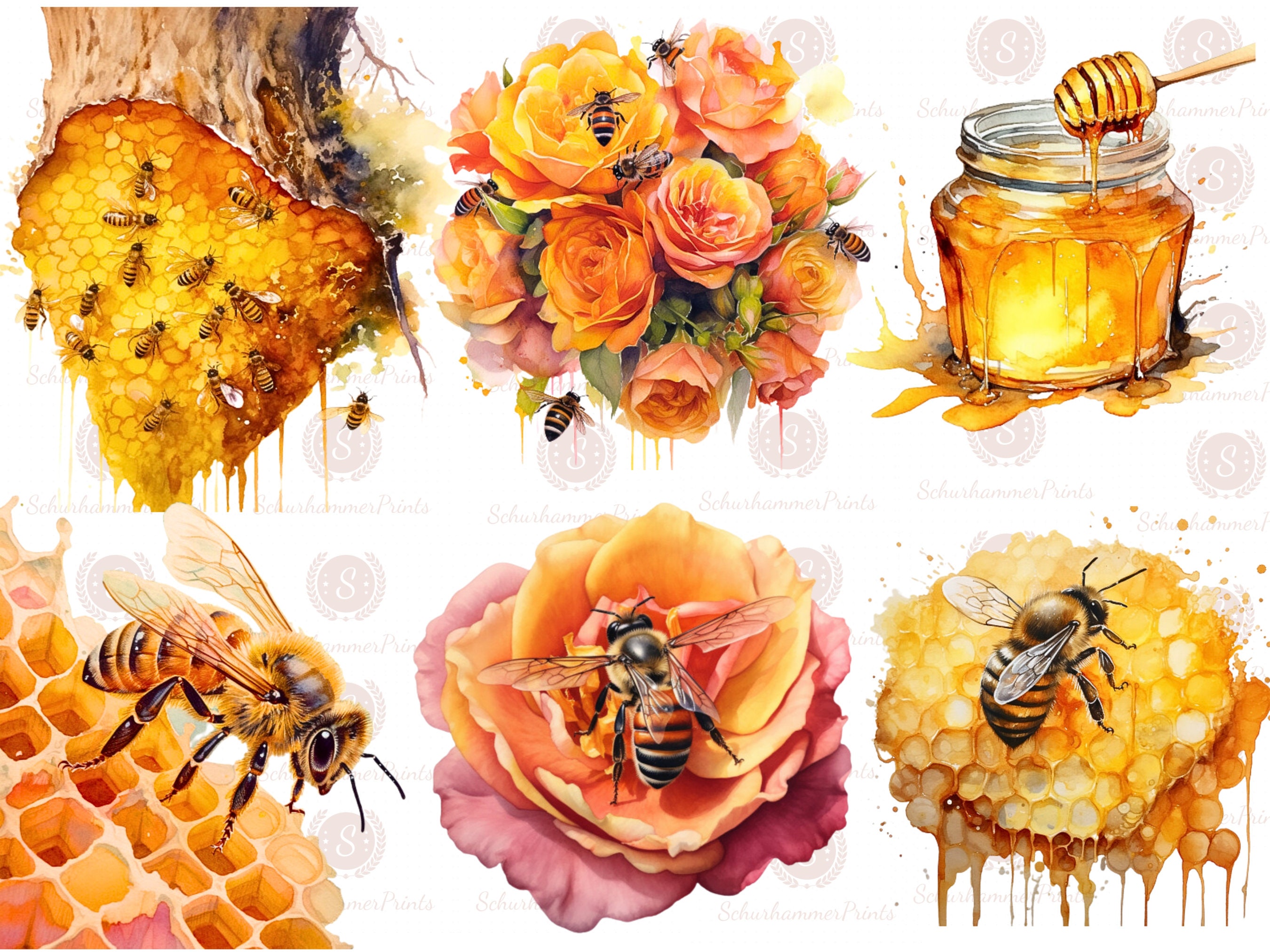 Watercolor Honey Bee Clipart, Summer, Spring Garden Bee Clipart, Honey ...