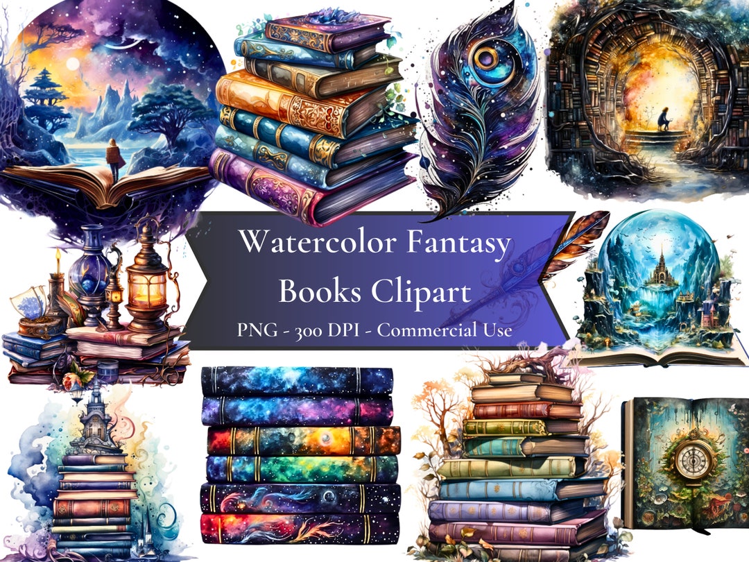 Watercolor Fantasy Books Clipart, Vintage Books, Magic Books, Library ...
