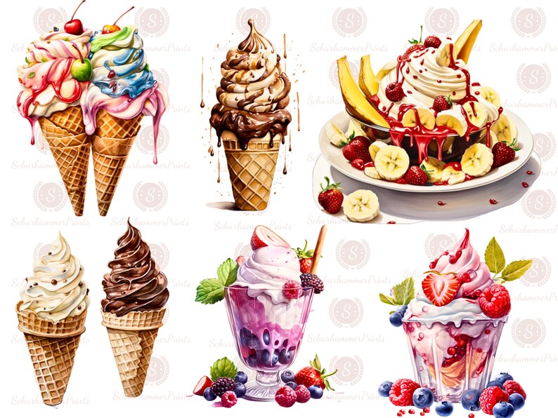 Watercolor Ice Cream Clipart, Cones and Sundaes, Ice Cream Truck ...