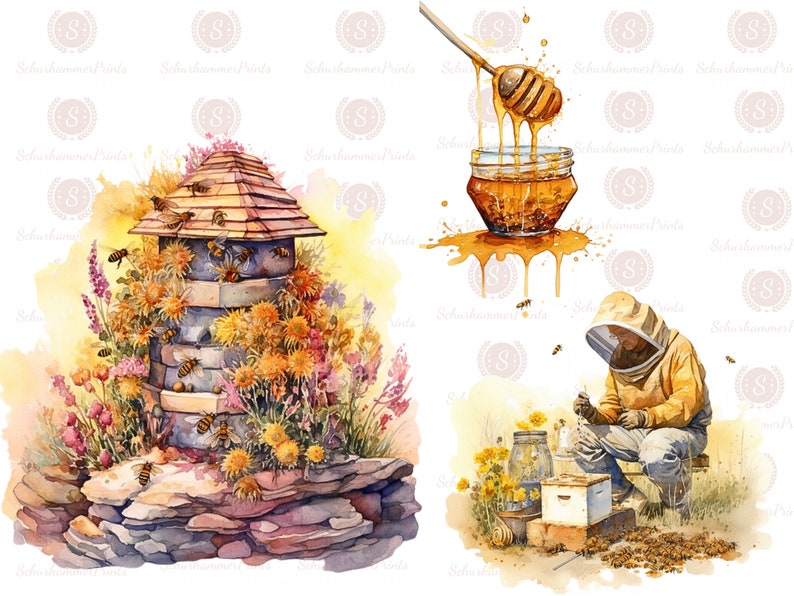 Watercolor Honey Bee Clipart, Summer, Spring Garden Bee Clipart, Honey ...