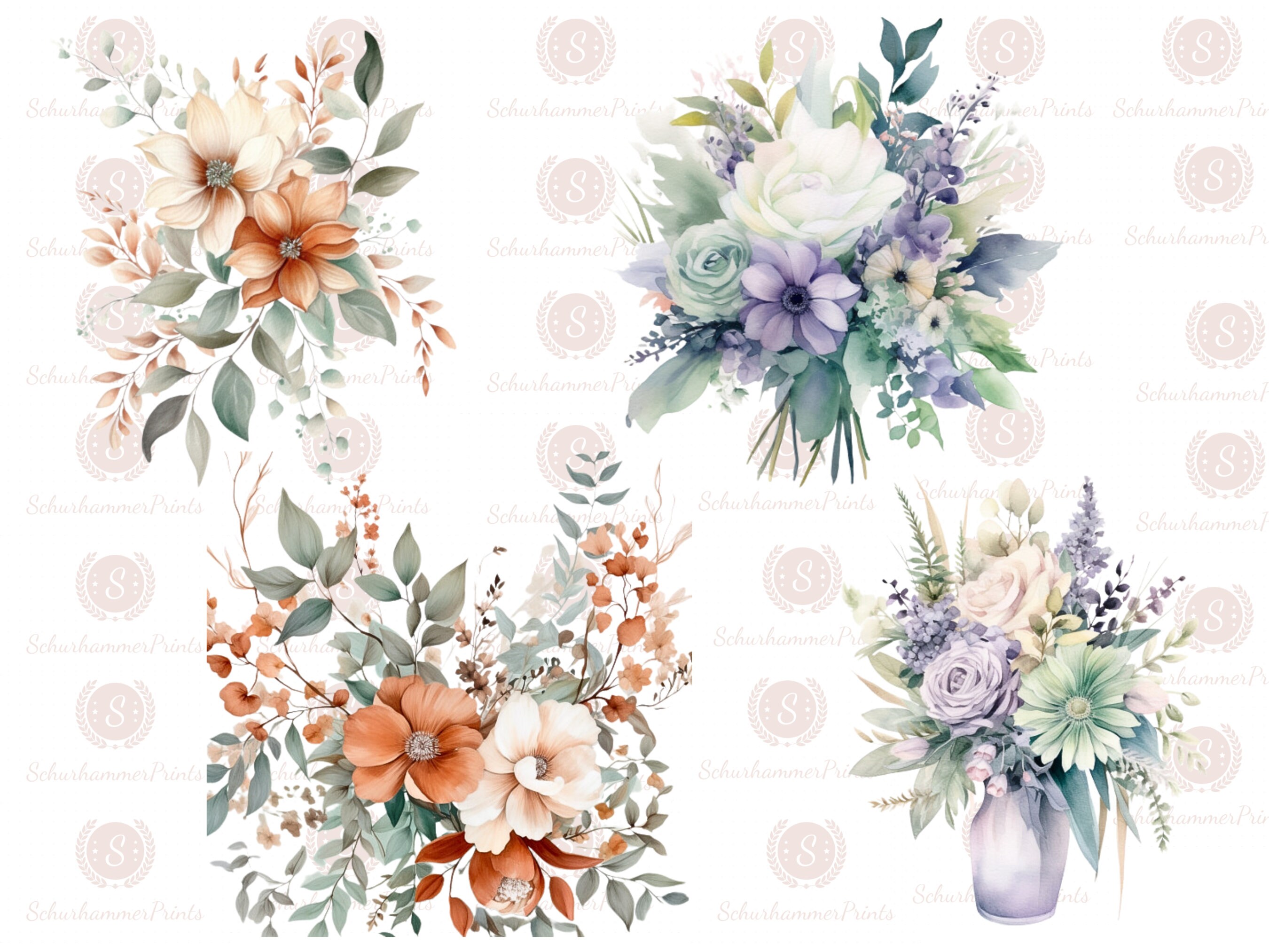 Watercolor Boho Floral Clipart, PNG Format, Wedding Botanical Florals ...