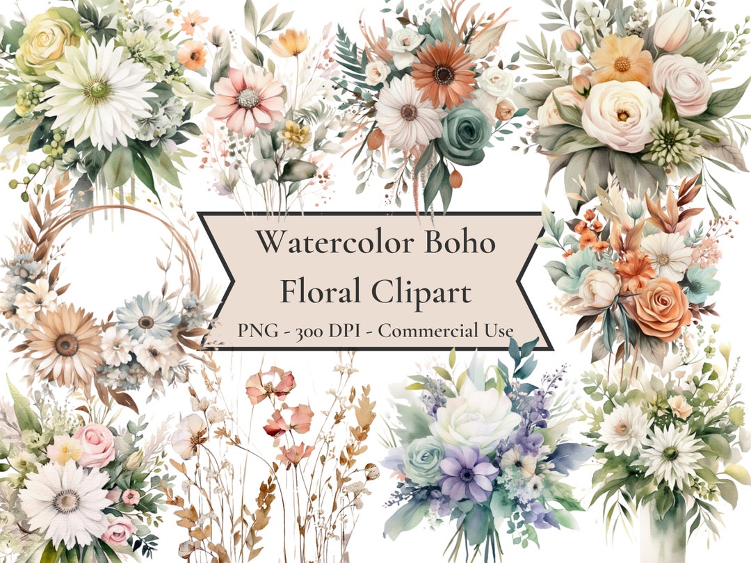 Watercolor Boho Floral Clipart, PNG Format, Wedding Botanical Florals ...