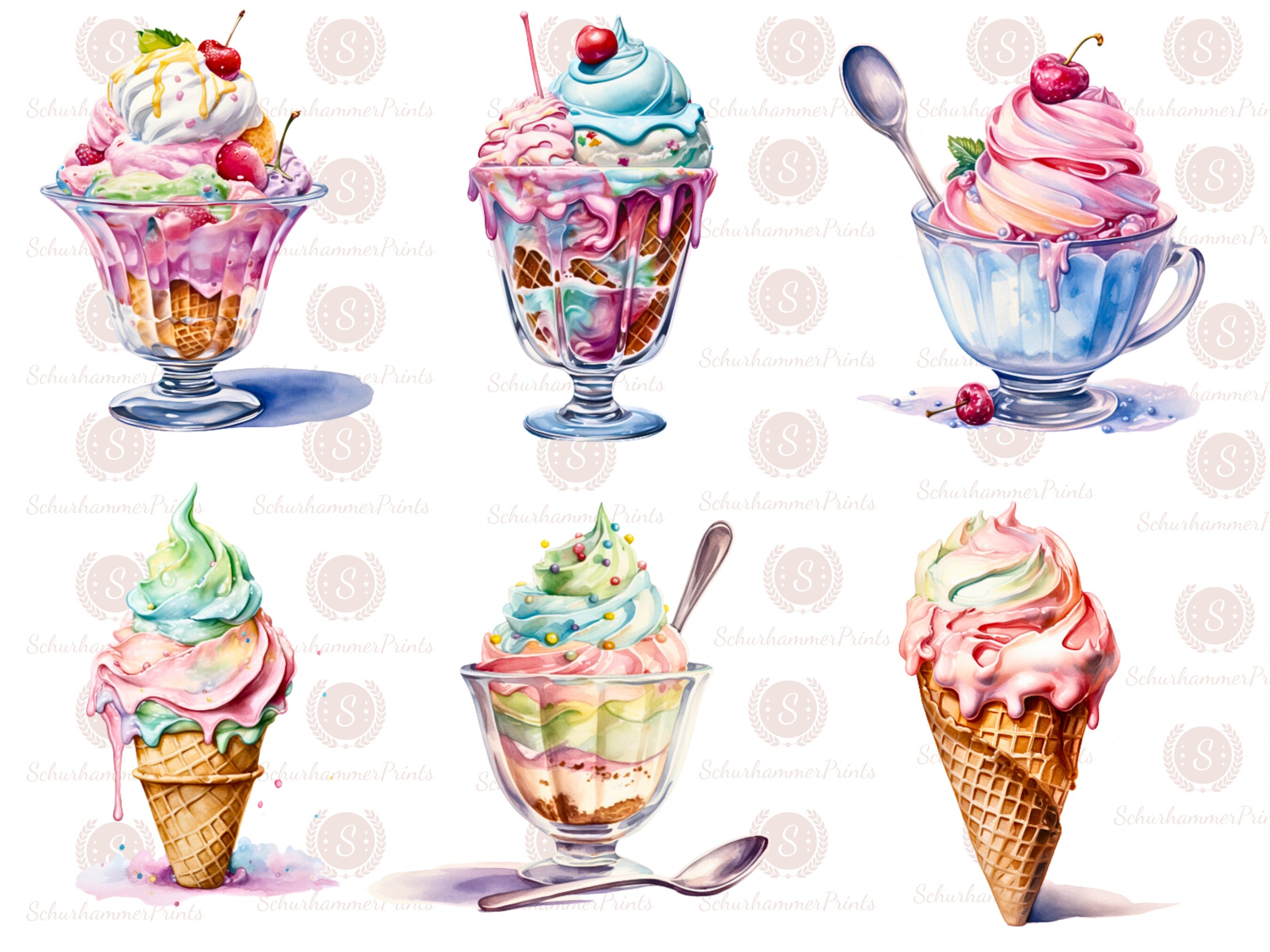 Watercolor Ice Cream Clipart, Cones and Sundaes, Ice Cream Truck ...