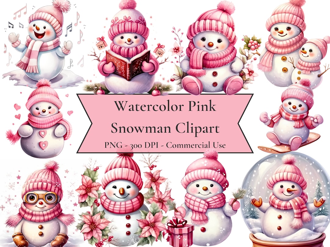 Watercolor Pink Snowman Clipart, Winter Clipart, Holiday Clipart ...