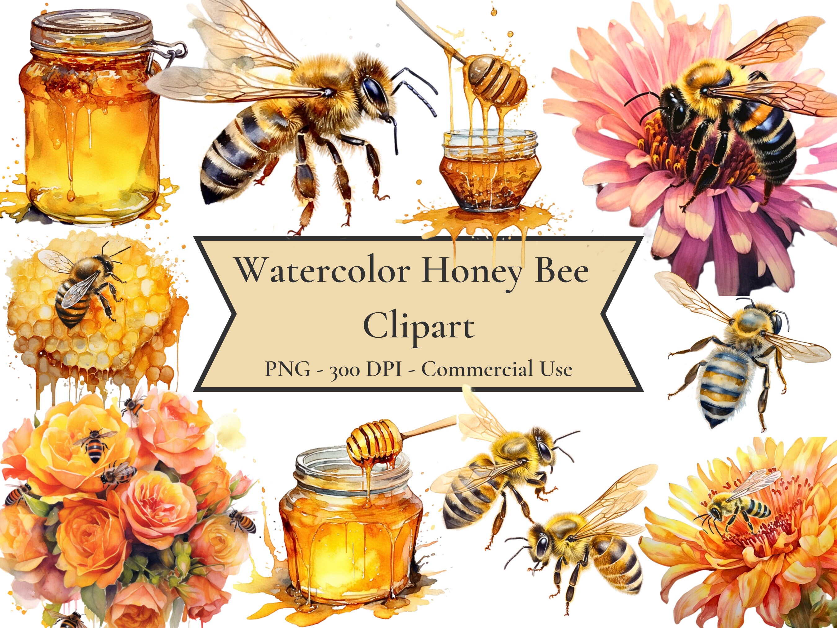 Watercolor Honey Bee Clipart, Summer, Spring Garden Bee Clipart, Honey ...