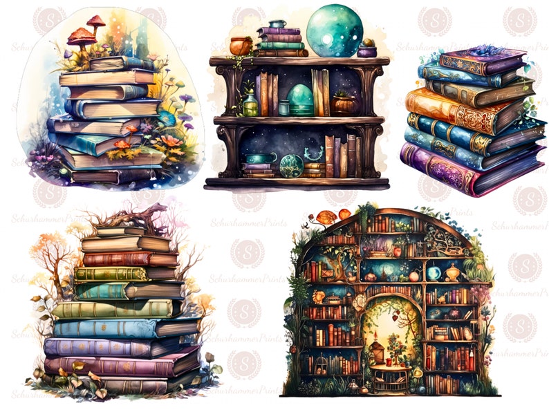 Watercolor Fantasy Books Clipart, Vintage Books, Magic Books, Library ...
