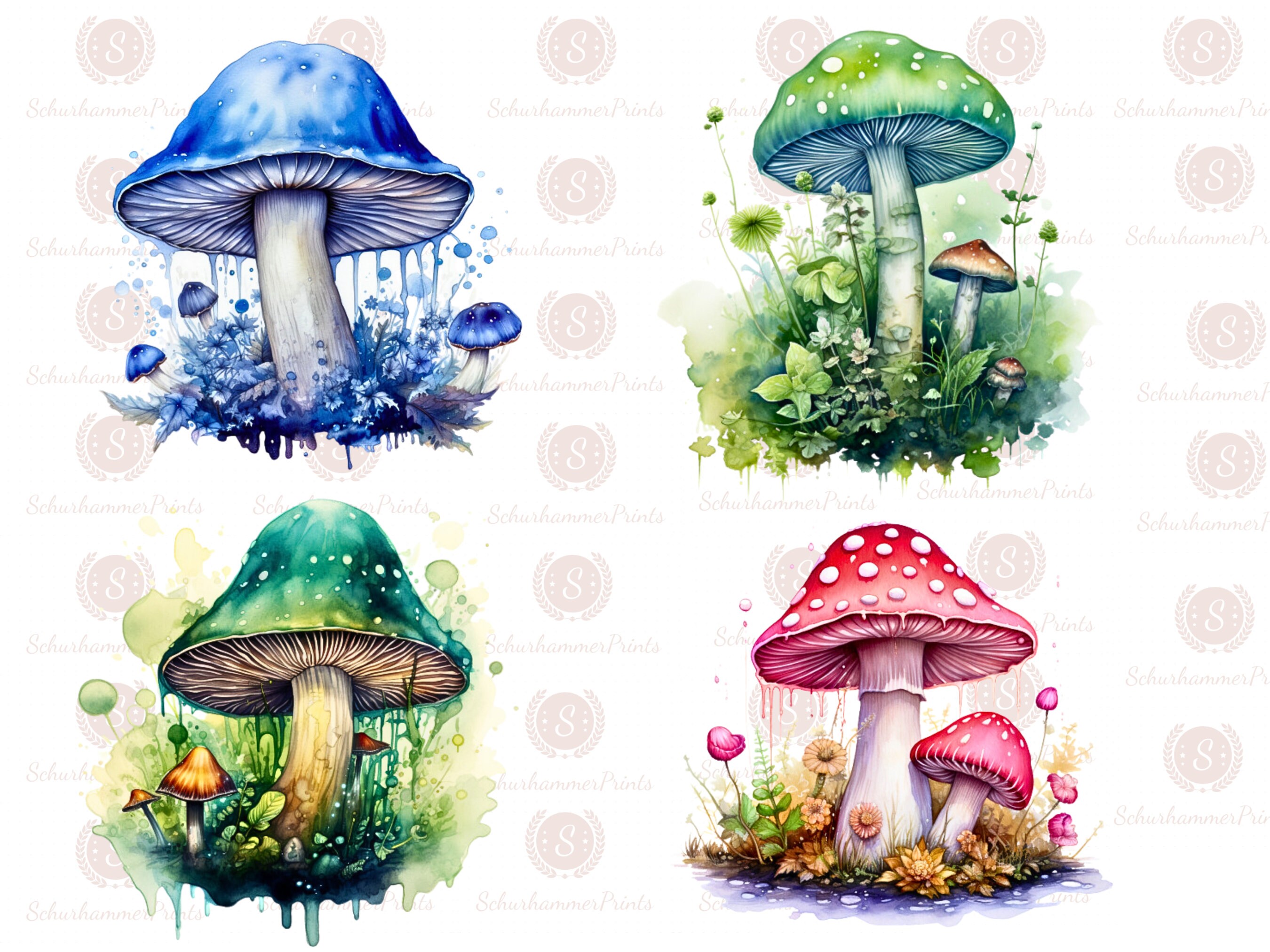 Mushroom Watercolor Clipart, Watercolor Magic Mushroom Clipart, Fantasy ...