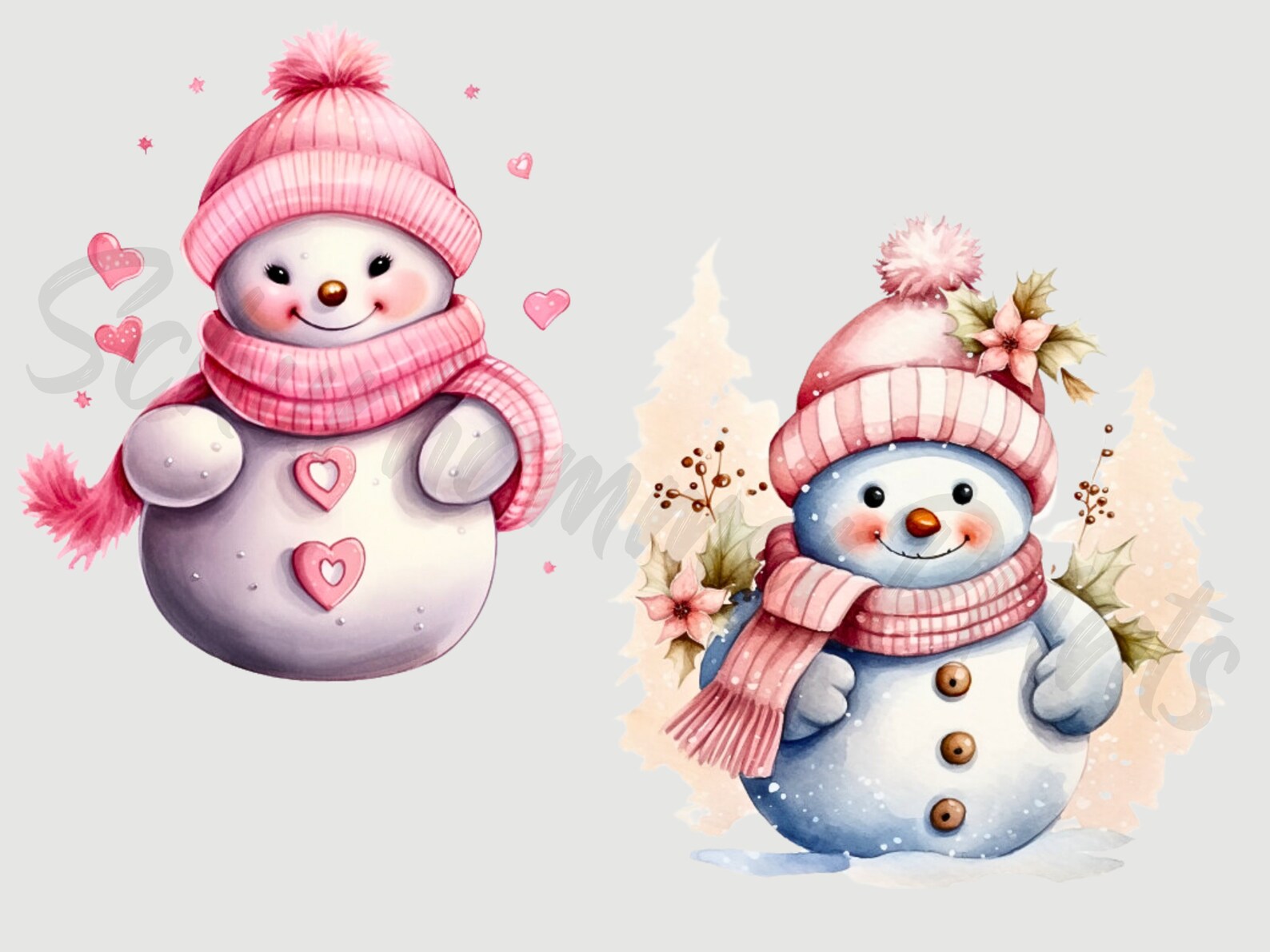 Watercolor Pink Snowman Clipart, Winter Clipart, Holiday Clipart ...