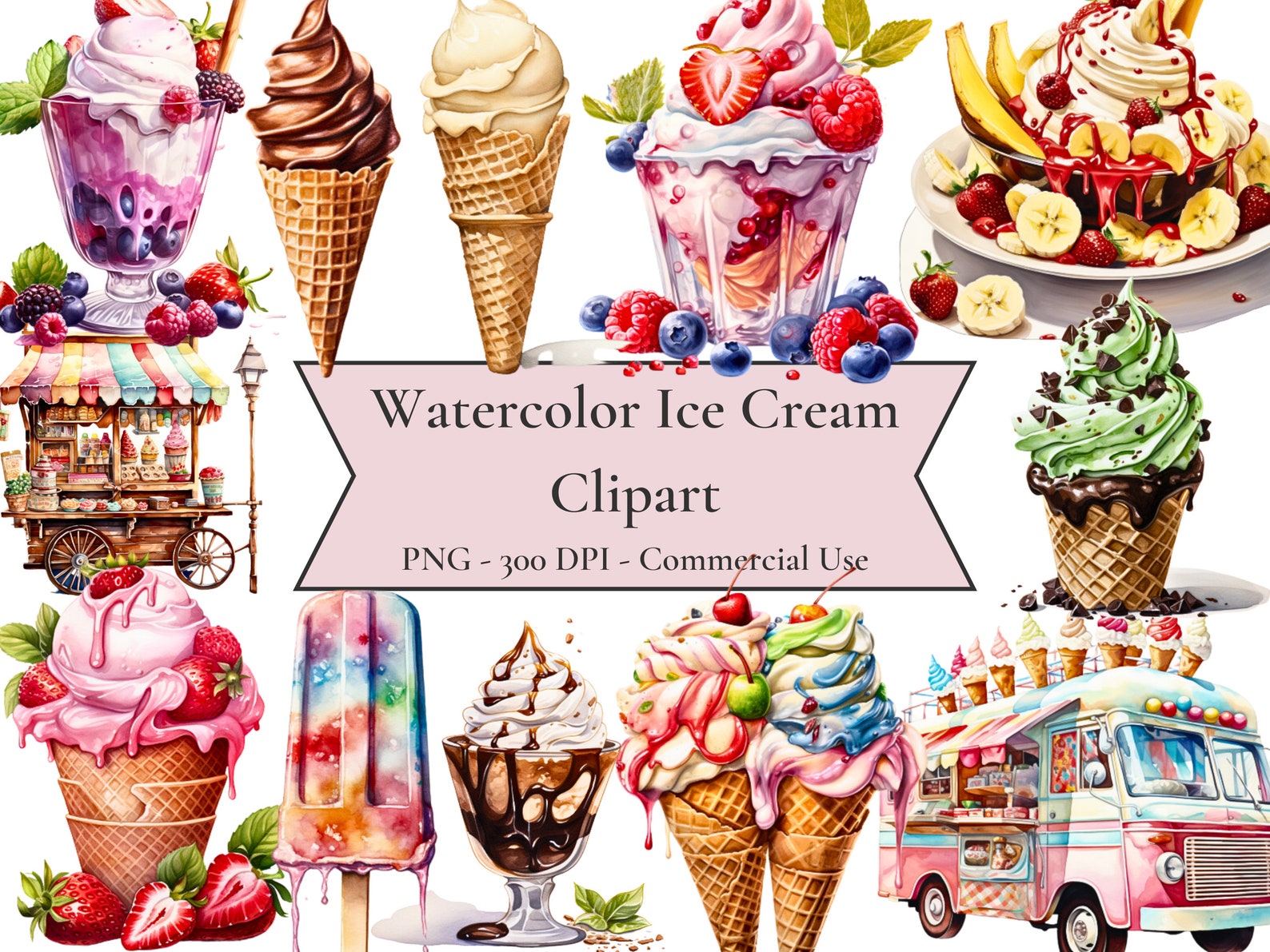 Watercolor Ice Cream Clipart, Cones and Sundaes, Ice Cream Truck ...