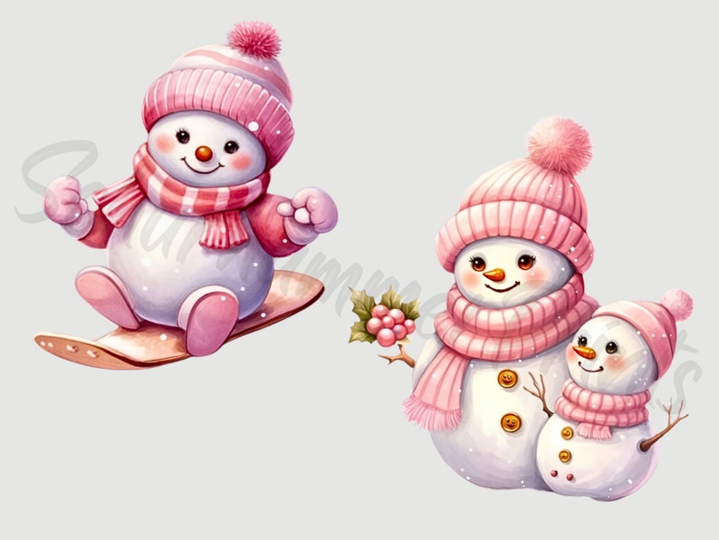 Watercolor Pink Snowman Clipart, Winter Clipart, Holiday Clipart ...