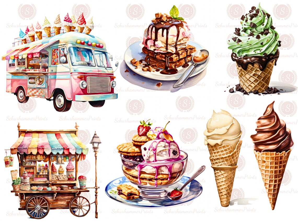 Watercolor Ice Cream Clipart, Cones and Sundaes, Ice Cream Truck ...