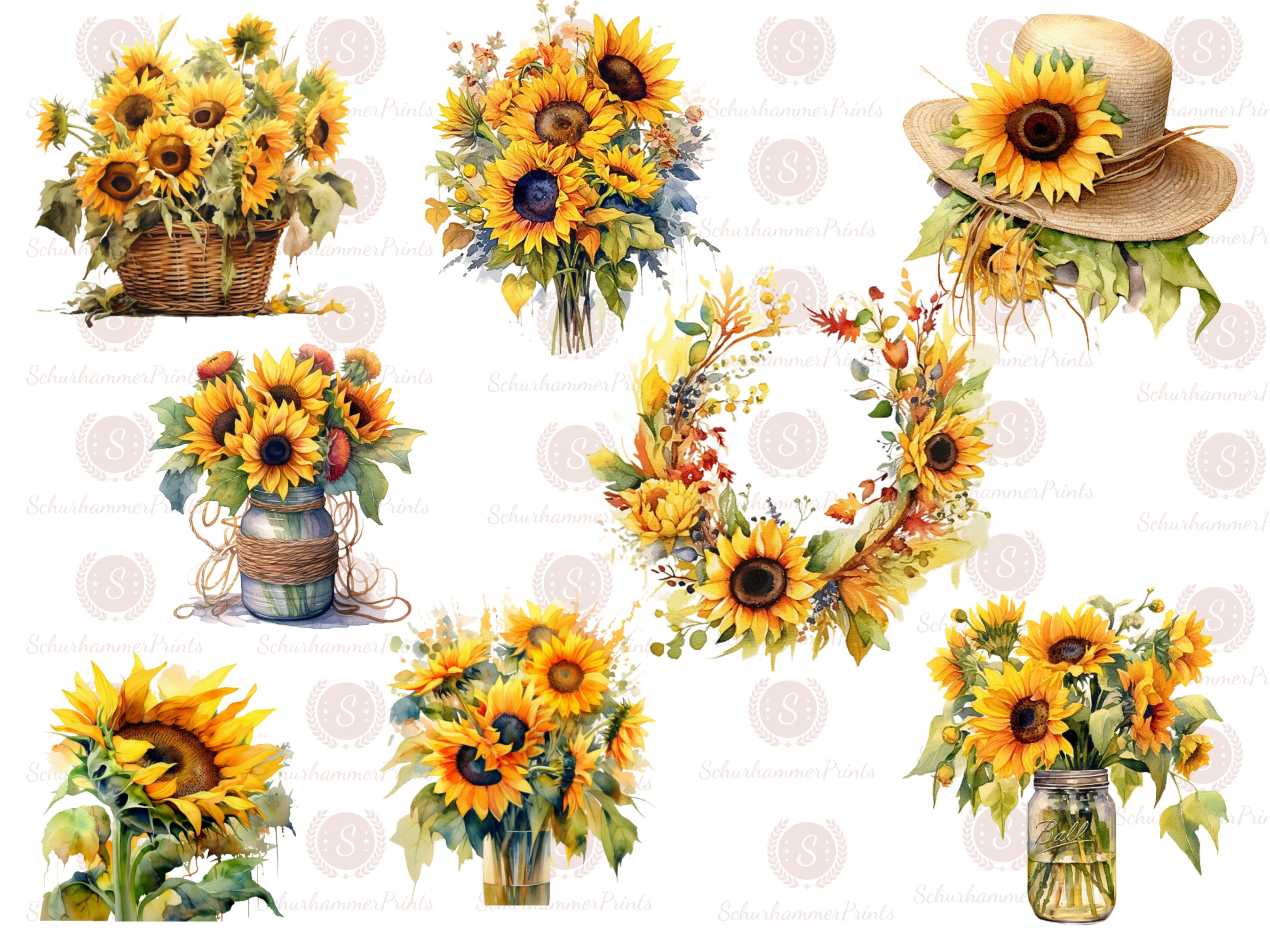 Watercolor Sunflower Clipart, Summer Clipart, Sunflower Floral Bouquets ...