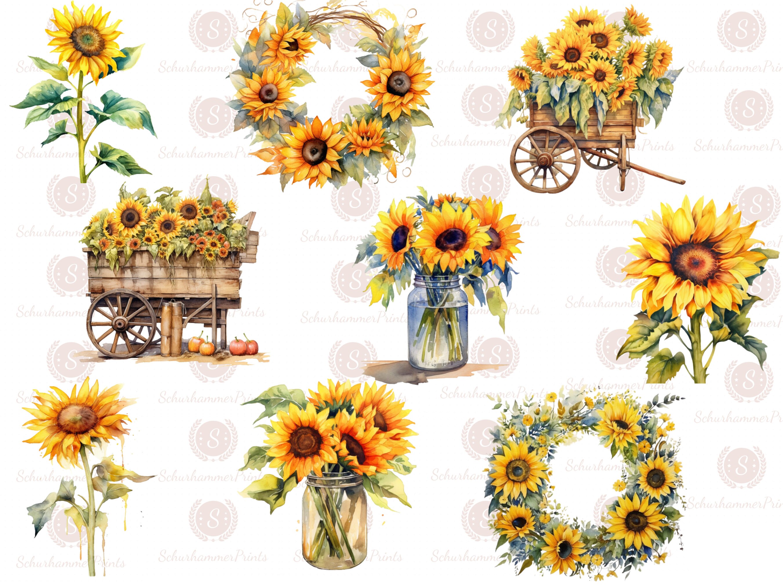 Watercolor Sunflower Clipart, Summer Clipart, Sunflower Floral Bouquets ...