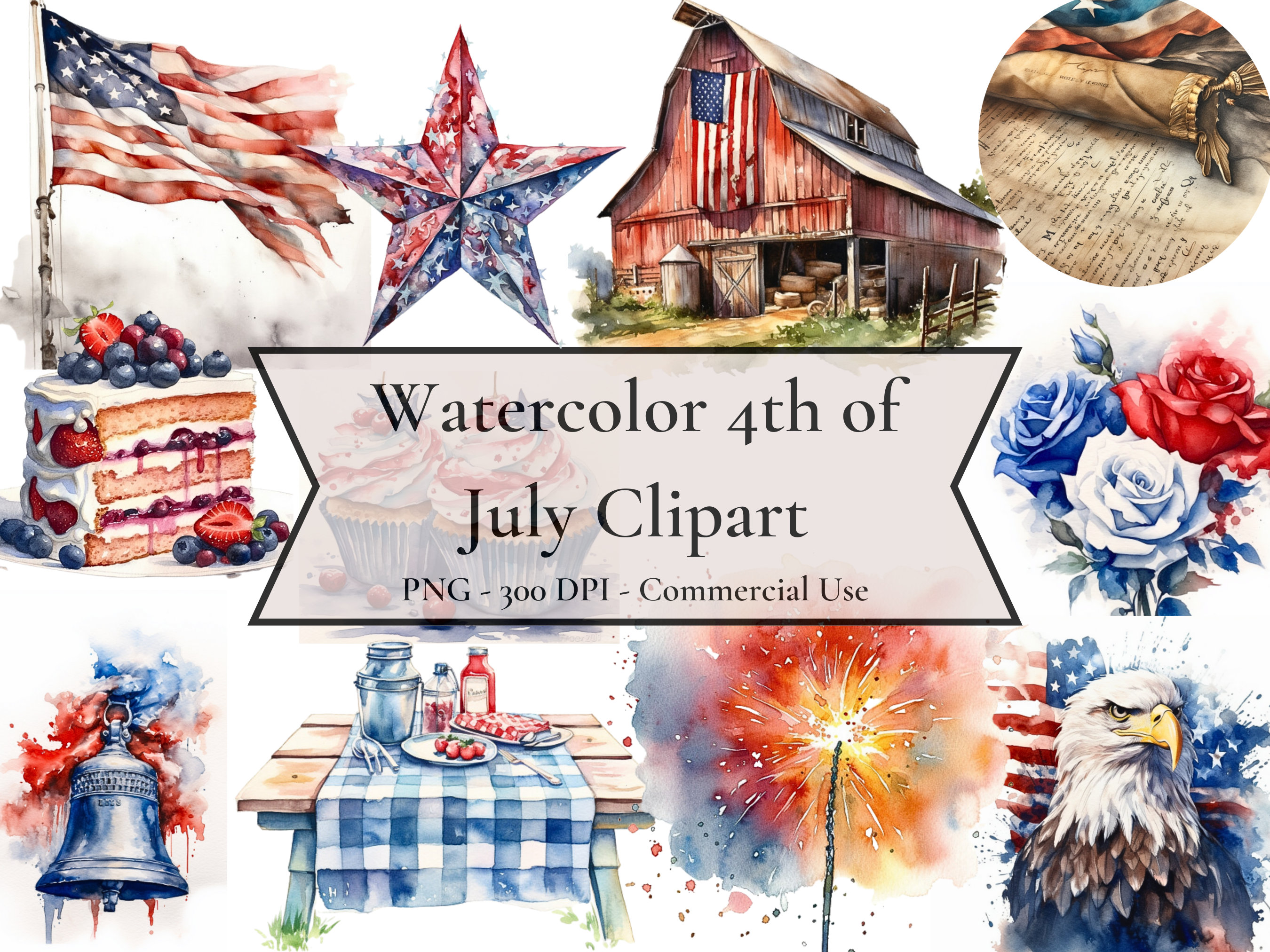Watercolor 4th of July Clipart, Fourth of July Clipart, Firework ...