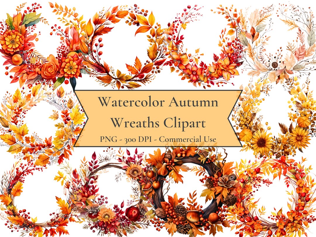 Watercolor Autumn Wreath Clipart, Fall Graphics, Seasonal Clipart, Fall ...