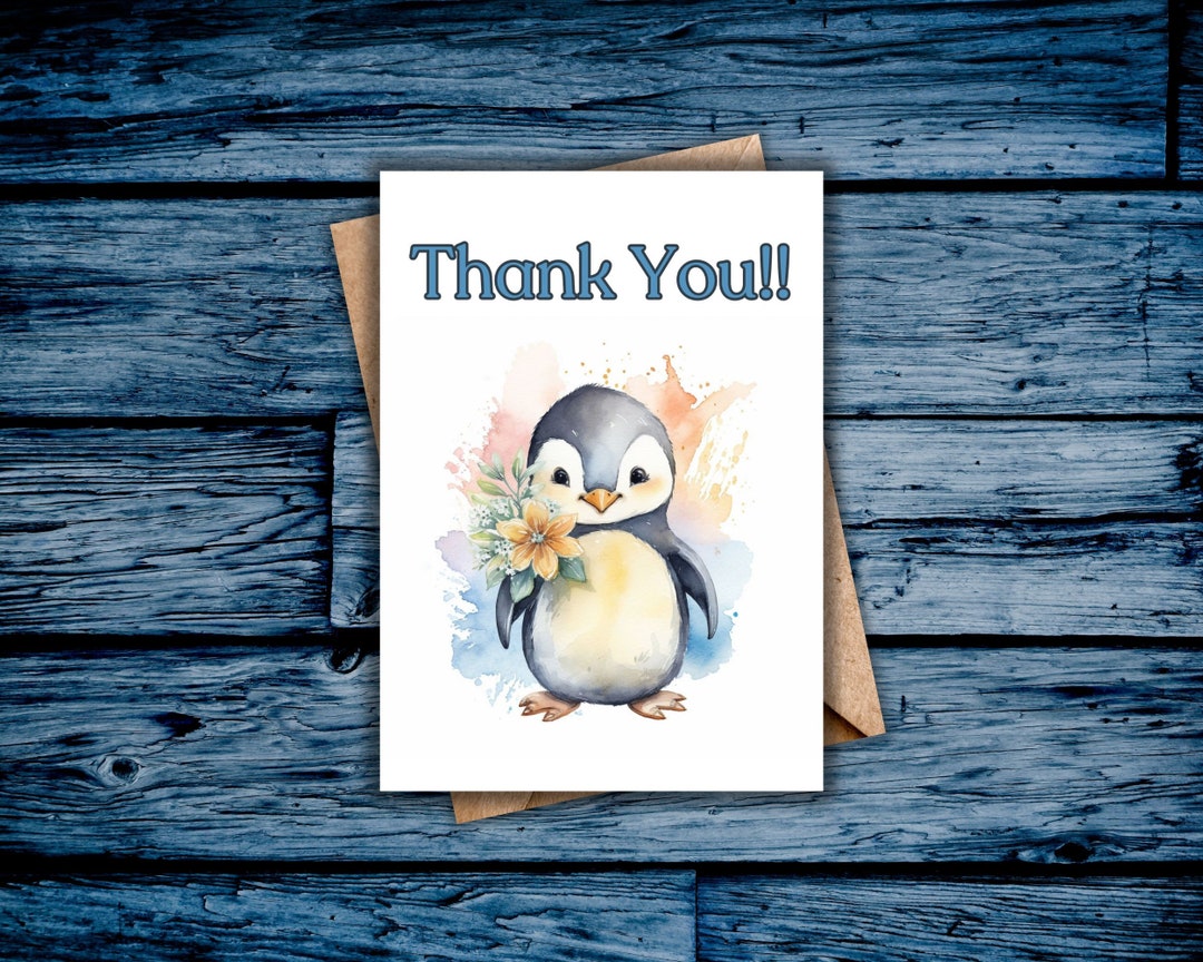 Adorable Penguin Thank You Card, Penguin Holding Flowers, Printable ...