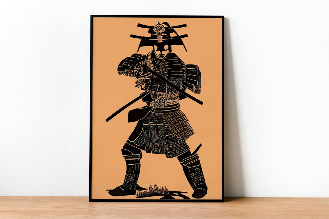 Digital Vintage Japanese Samurai Black Ink Painting Print Antique Wall ...