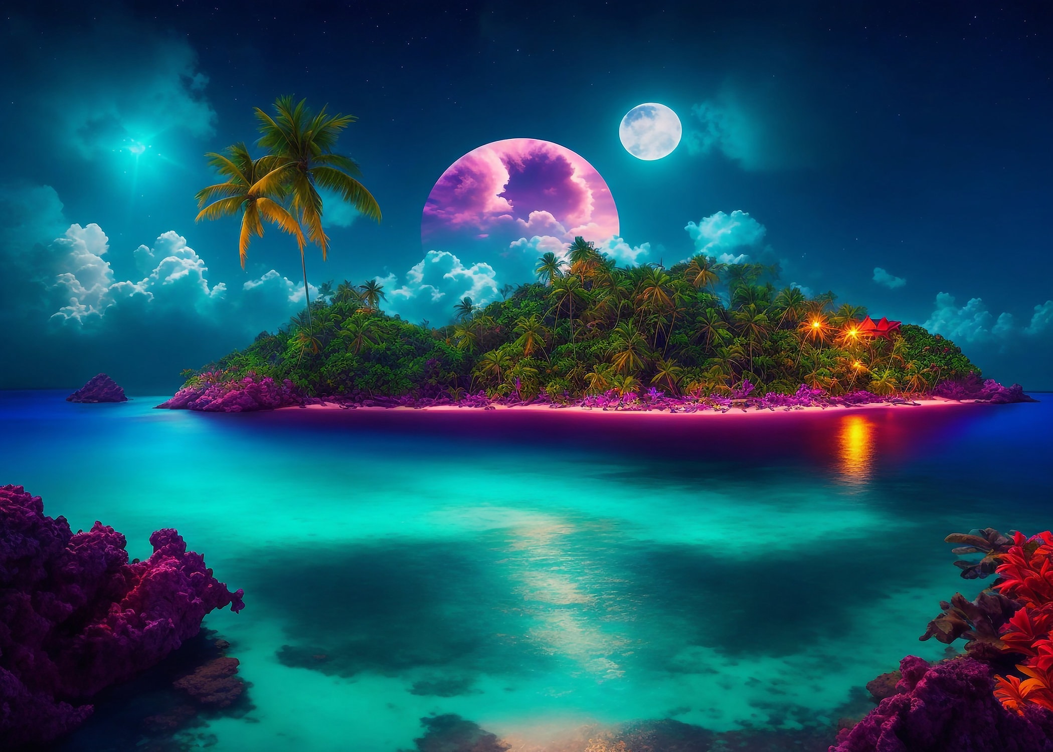 Magical Caribbean Tropical Island Night Time, Fantastic, Landscape Oil ...
