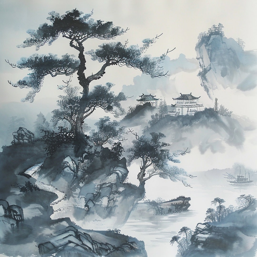 Vintage Chinese Ink Art, Asian Ink, Asian Forrest Paint, Muted Ink Art ...