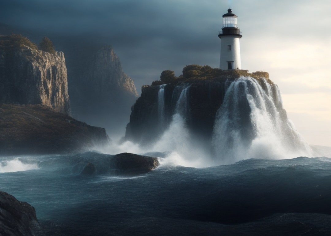 A Lighthouse Between Ocean Waves and Waterfalls, Landscape Oil Paint ...