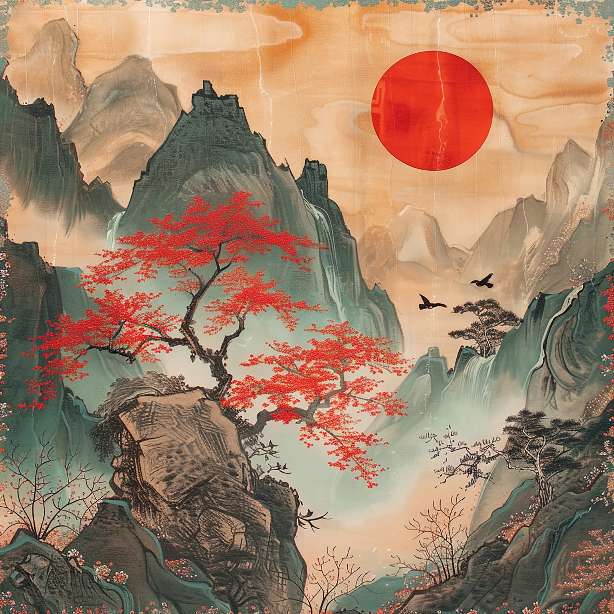 Vintage Asian Ink Art, Asian Ink, Asian Forrest Paint, Muted Ink Art ...