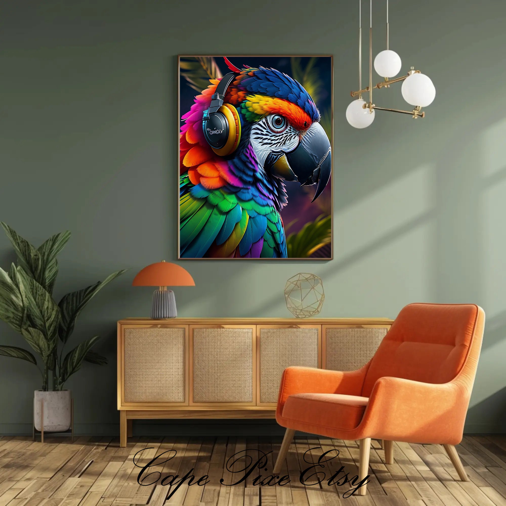Funny Multicoloured Tropical Parrot With Headset,home Wall Decor ...
