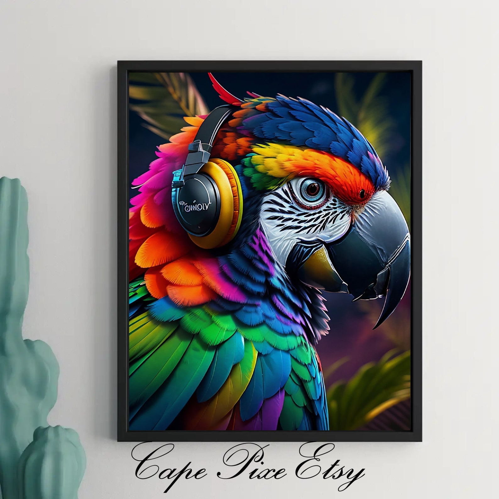 Funny Multicoloured Tropical Parrot With Headset,home Wall Decor ...