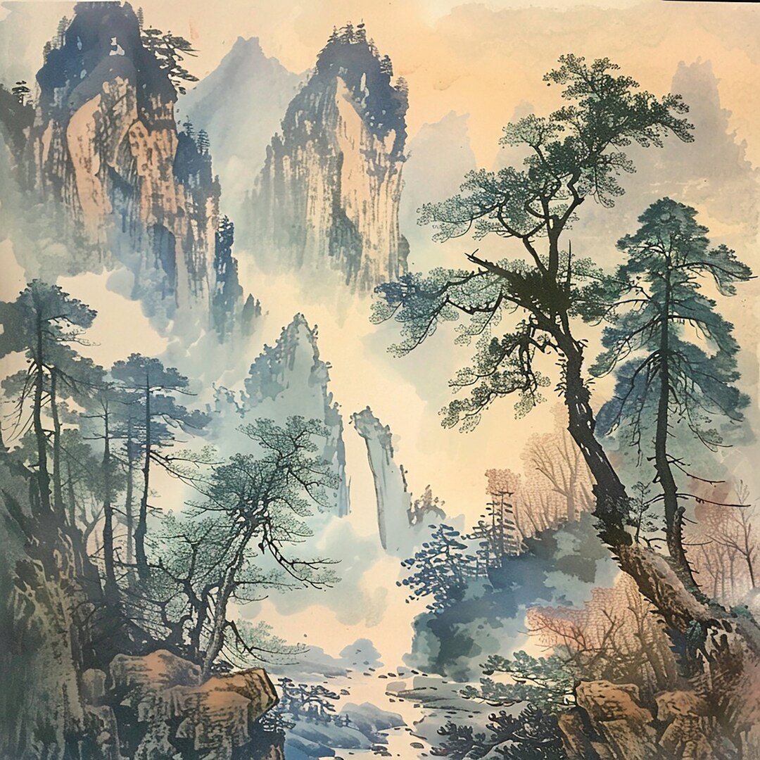 Vintage Chinese Ink Art, Asian Ink, Asian Forrest Paint, Muted Ink Art ...