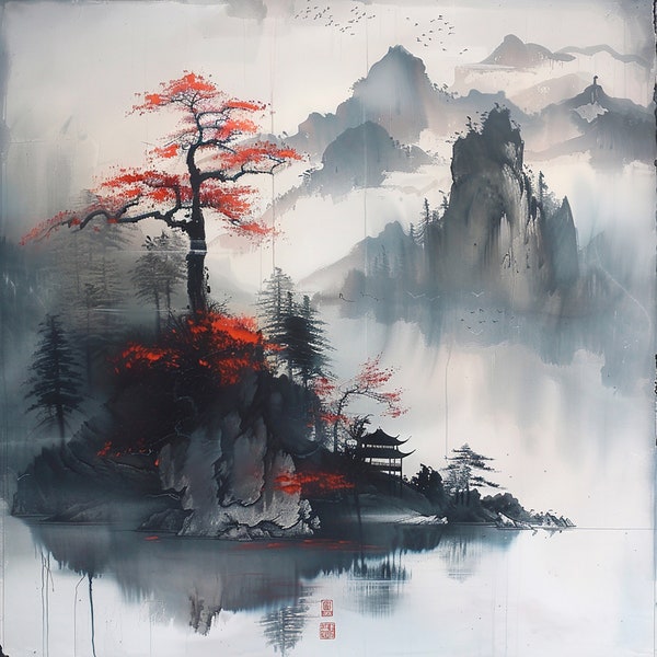 Vintage Asian Ink Art, Asian Ink, Asian Forrest Paint, Muted Ink Art ...