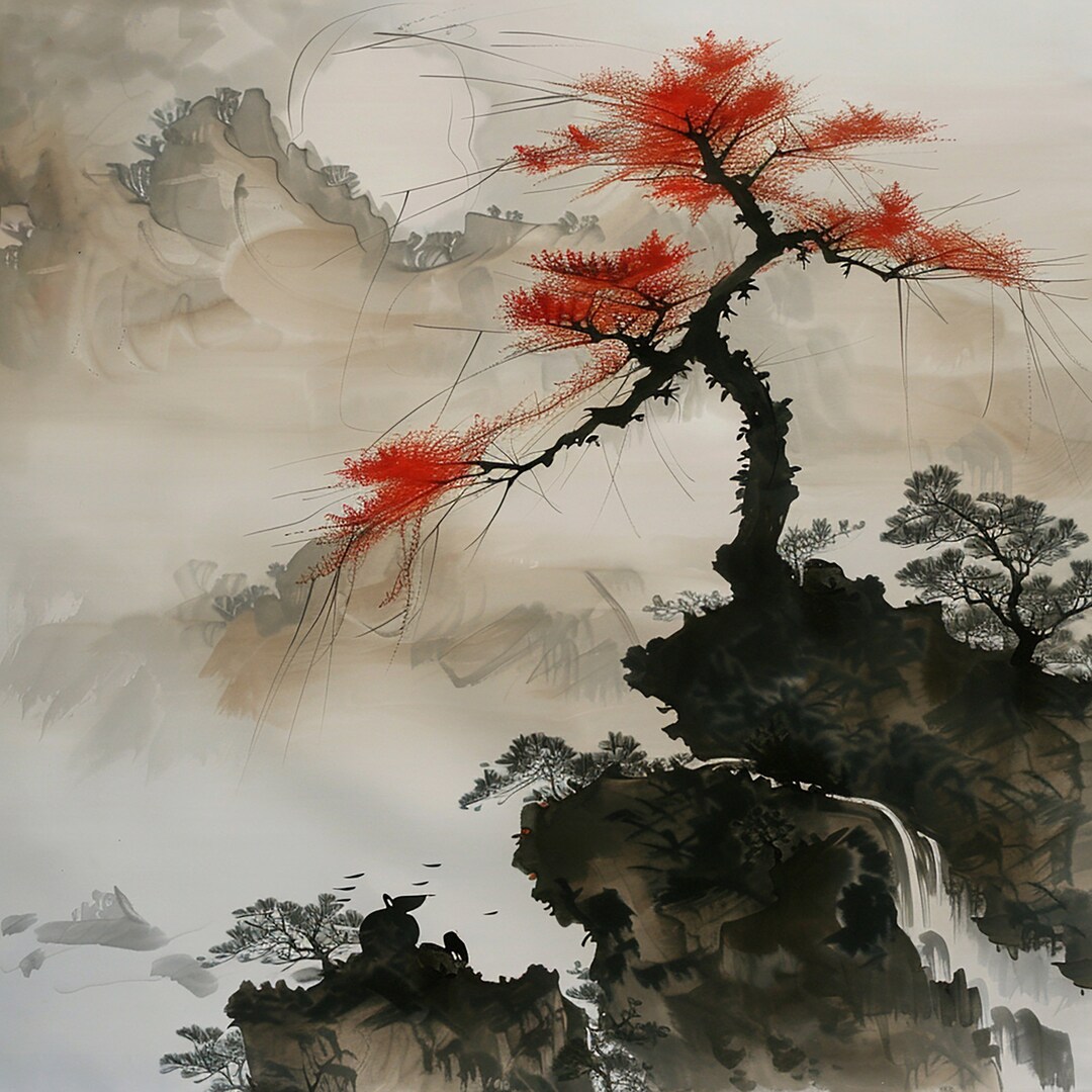 Vintage Chinese Ink Art, Asian Ink, Asian Forrest Paint, Muted Ink Art ...