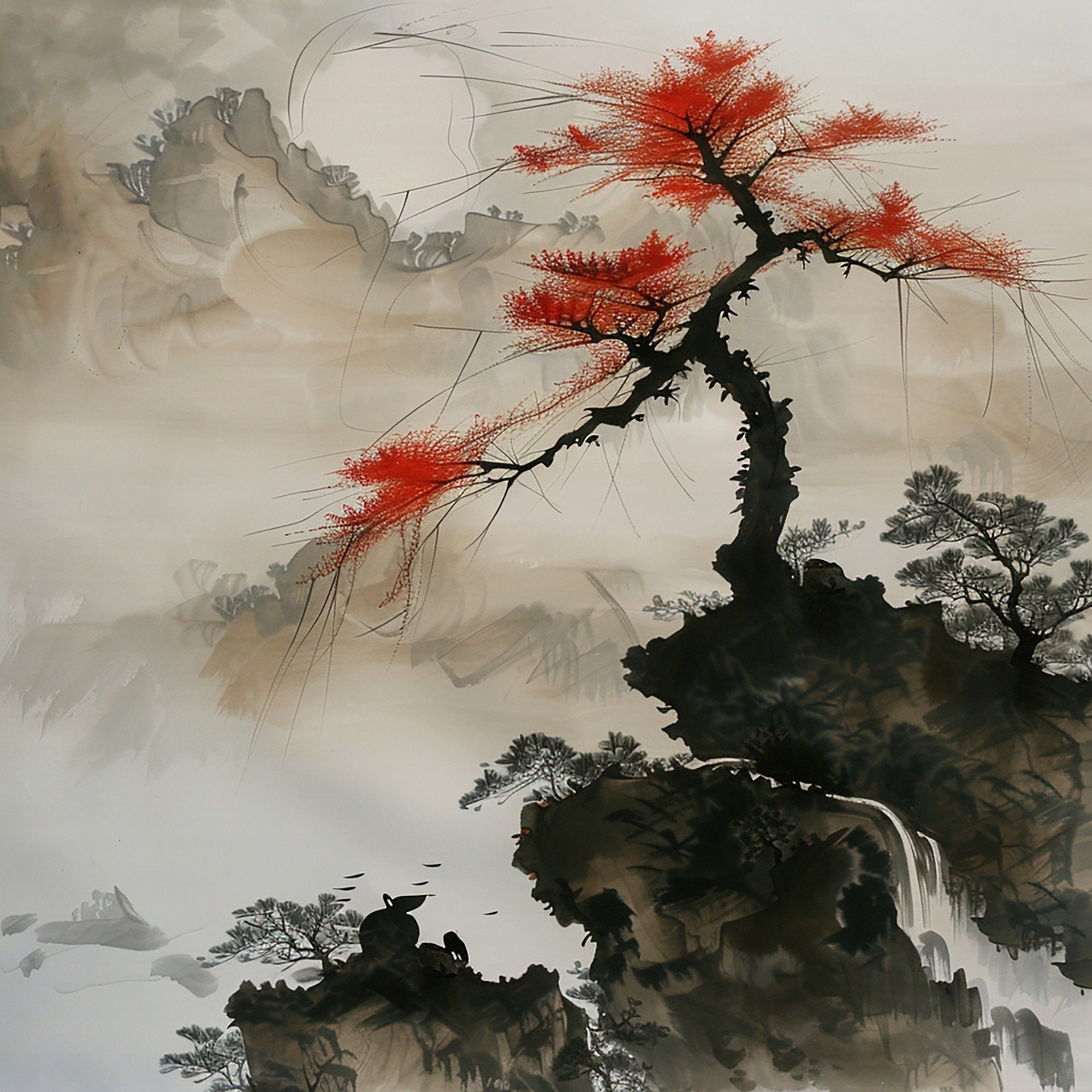 Vintage Chinese Ink Art, Asian Ink, Asian Forrest Paint, Muted Ink Art ...