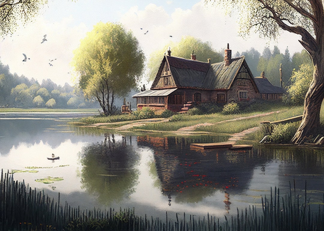 Vintage Farmhouse, Rural Riverside Landscape, Spring Rustic Landscape ...