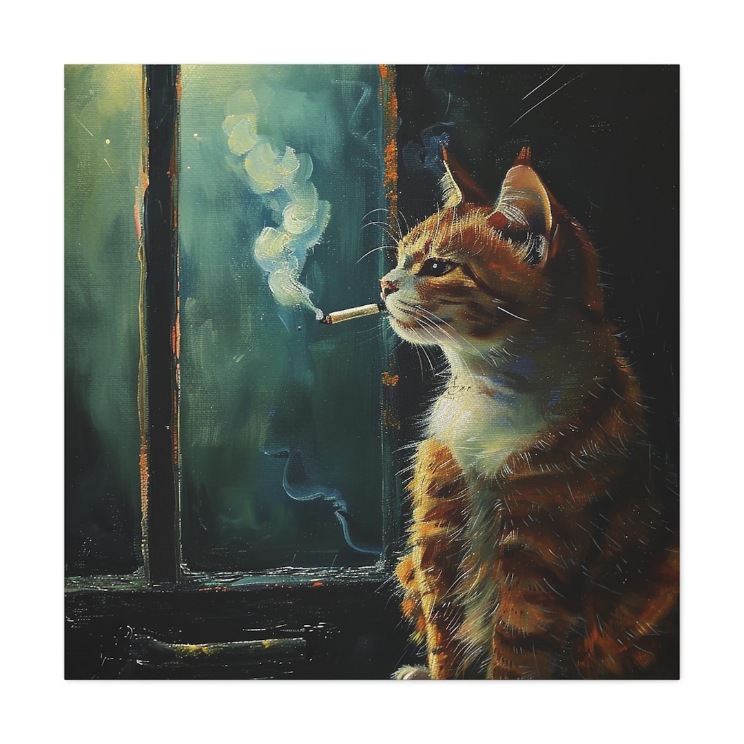 Canvas Wall Art - Smoking Cat Art Print - Quirky Feline Painting ...