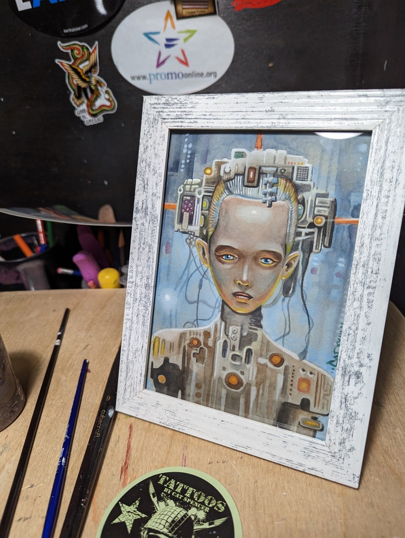 Cyborg Kid With City, Watercolor Painting - Etsy