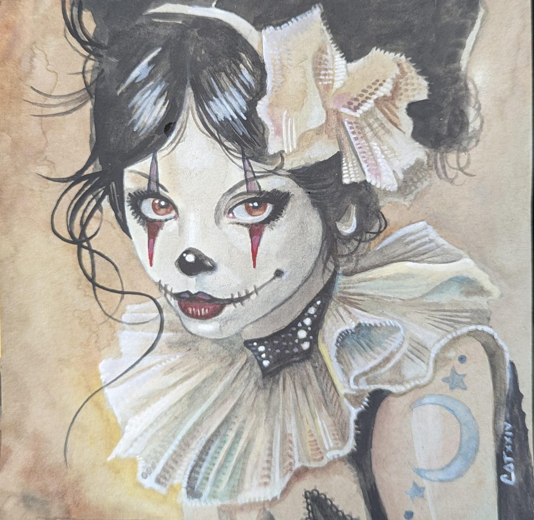 Little Goth Clown Girl - Watercolor Painting - Etsy