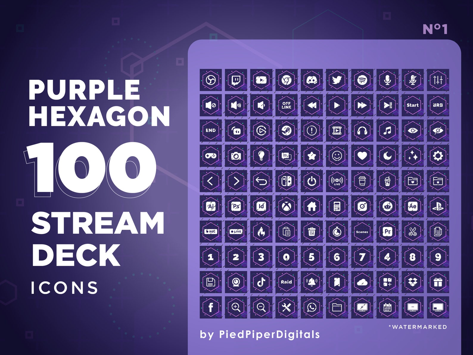 Purple Hexagon Stream Deck Icon Set | 100 Icons for Elgato Stream Deck ...