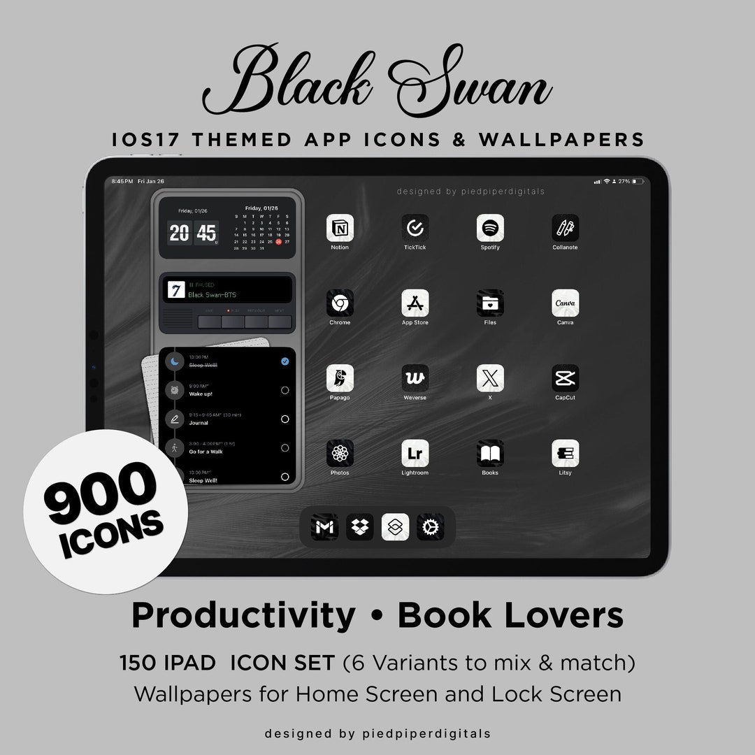 Black and White iPad Icon Apps | Black Swan Aesthetic Ios17 Themed ...