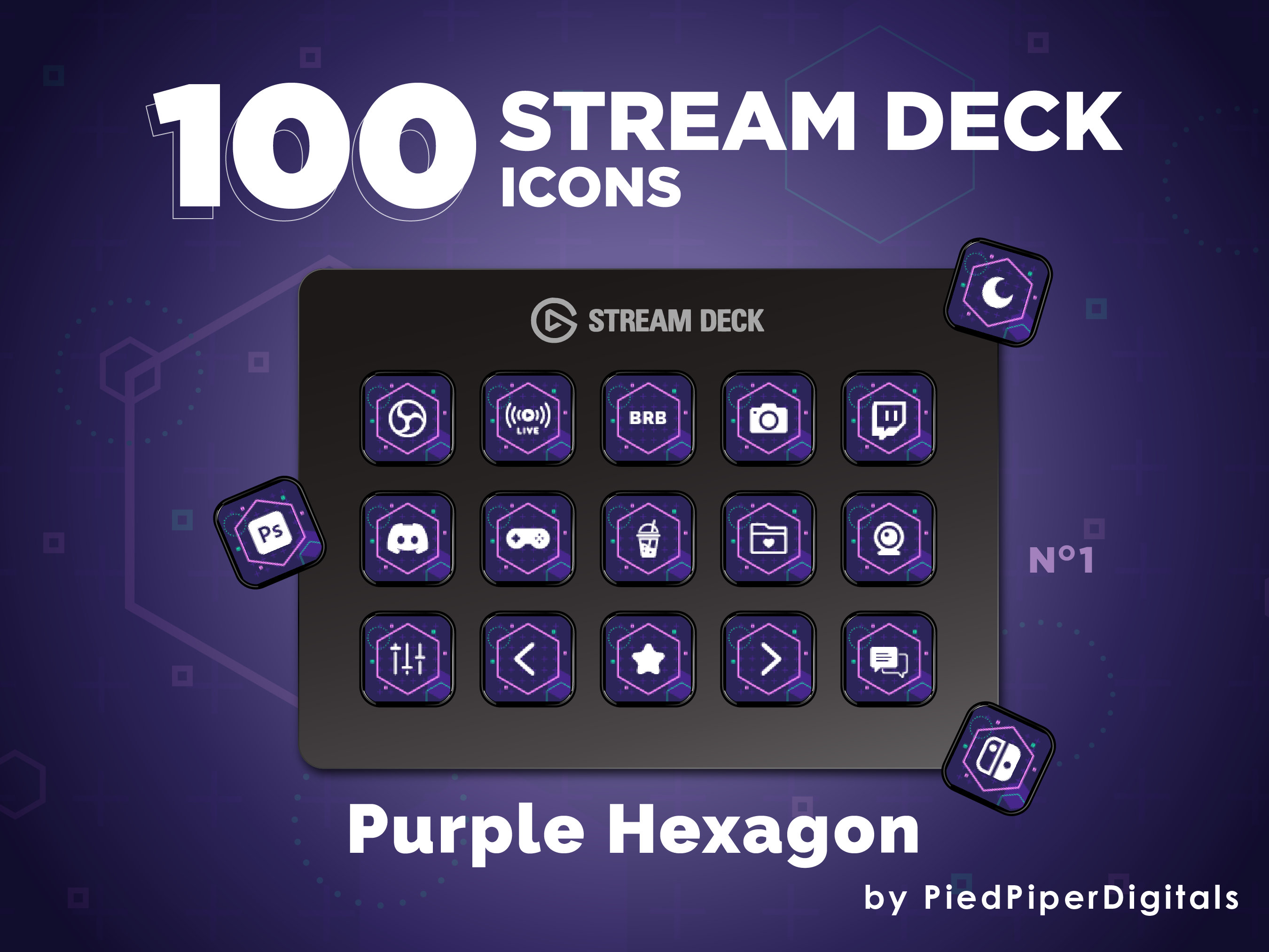 Purple Hexagon Stream Deck Icon Set | 100 Icons for Elgato Stream Deck ...