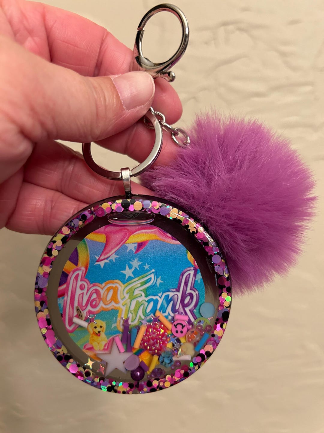90’s Lisa Frank Inspired Resin Shaker Keychain/bag/purse Charm With Pom ...