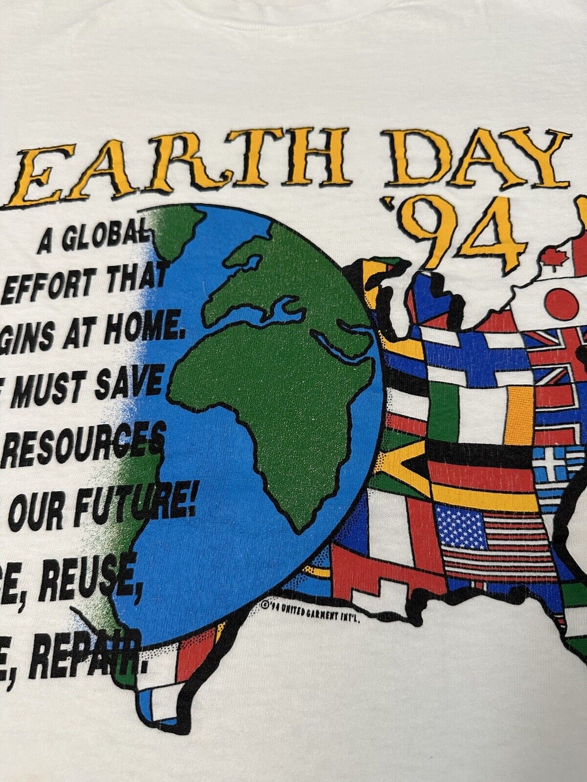 Vintage 1990s 1994 Earth Day Planet Reduce Reuse Recycle World Flag T ...