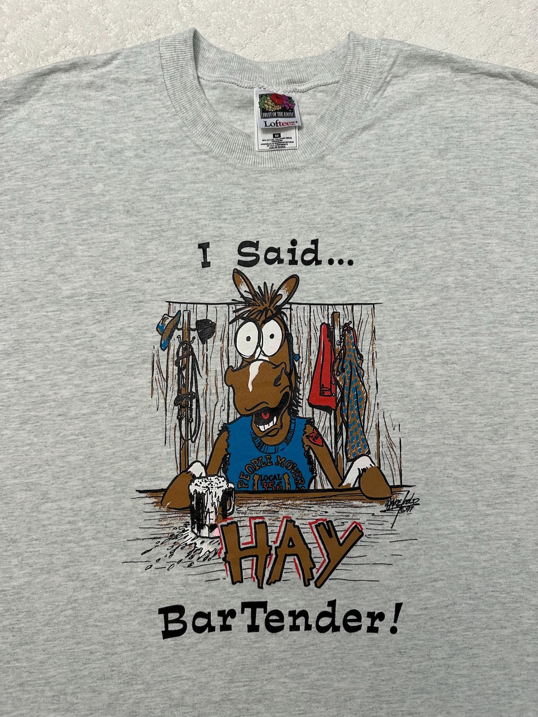 Vintage 1990s 90s Horse Hay Bartender Comic Cartoon Graphic Comedy T ...