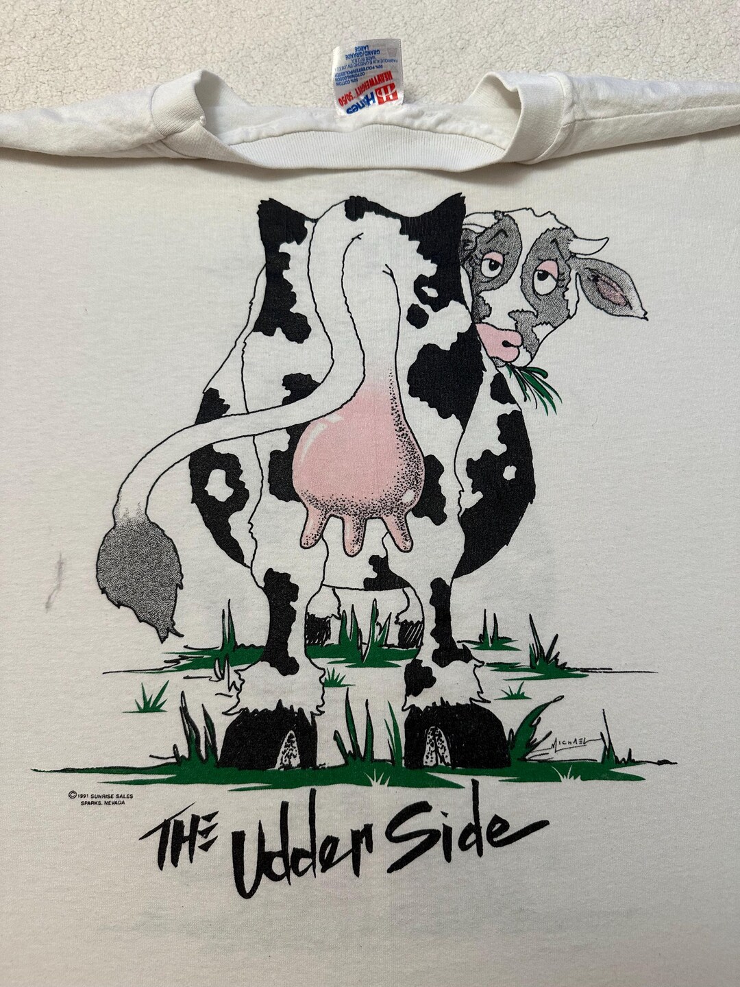 Vintage 1990s 90s Cow the Udder Side Farm Cartoon Graphic Art Humor T ...