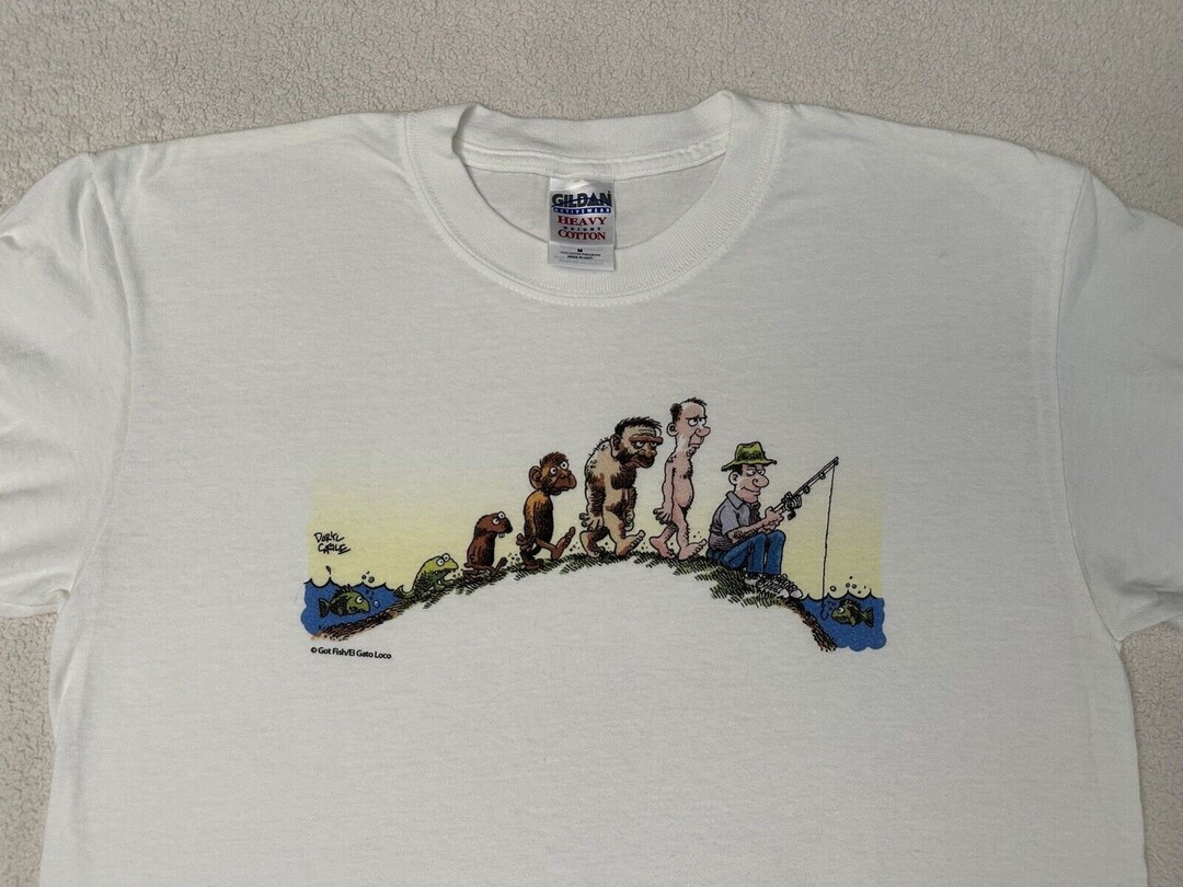 Vintage 2000s Y2K Fishing Fish Fisherman Evolution Comic Art Humor T ...