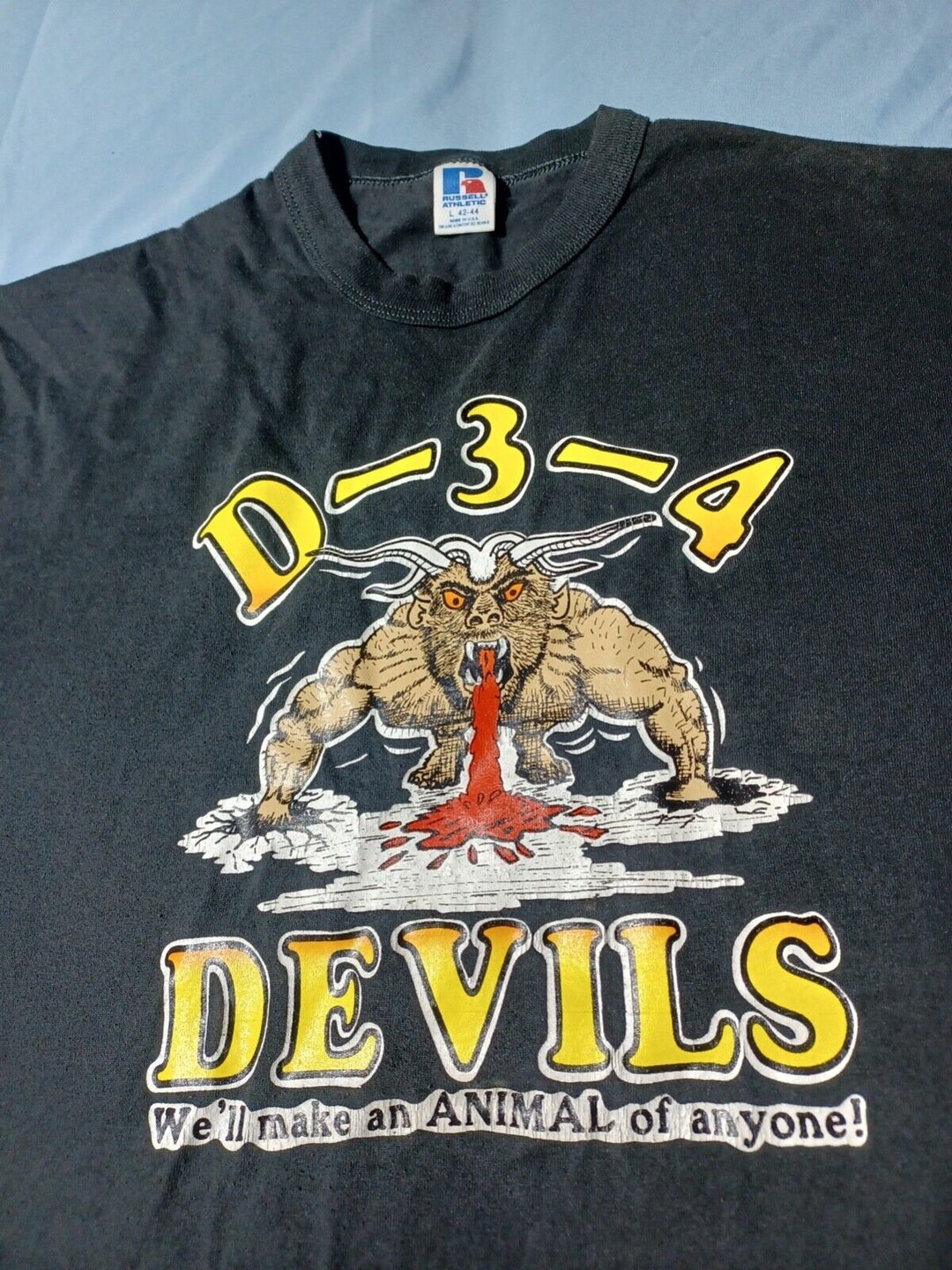 Vintage 1980s 80s D34 Devils Devil Blood Navy Naval Russell Athletic T ...