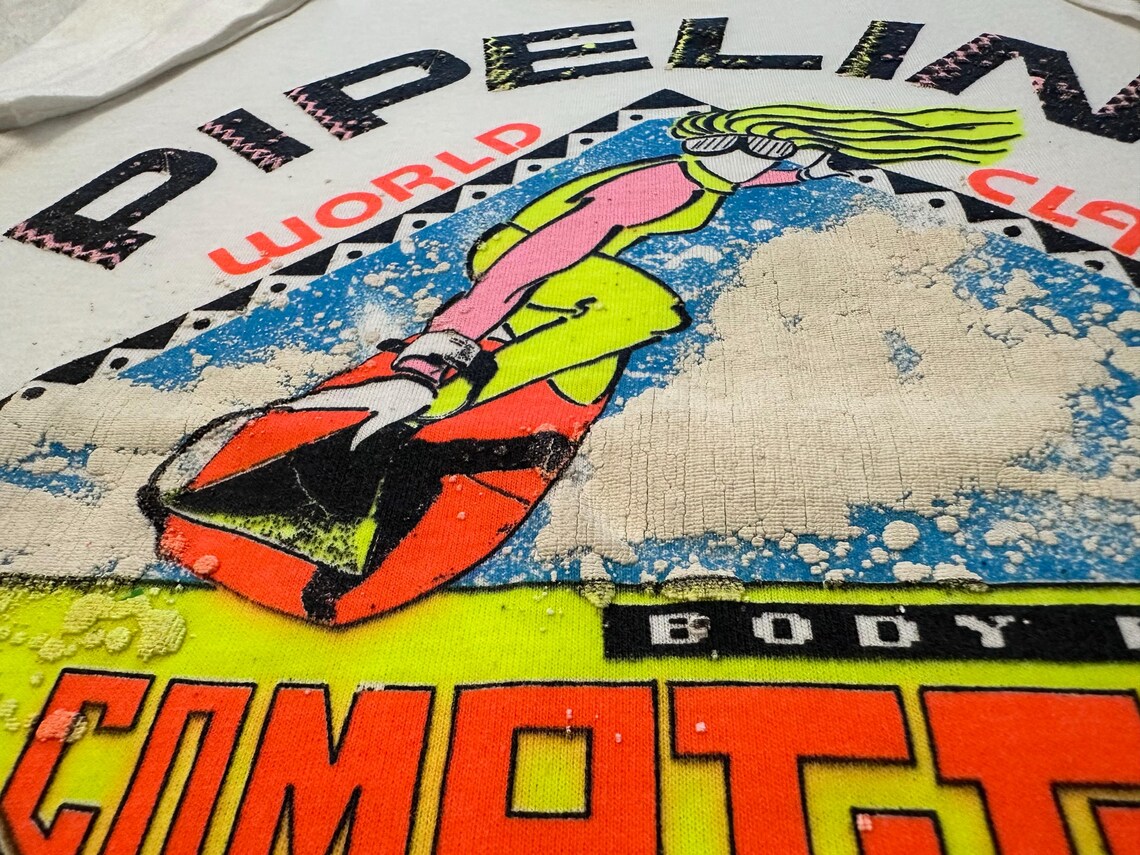 Vintage 1980s 1990s Pipeline Body Boarding Surf Surfing Wave Art T ...