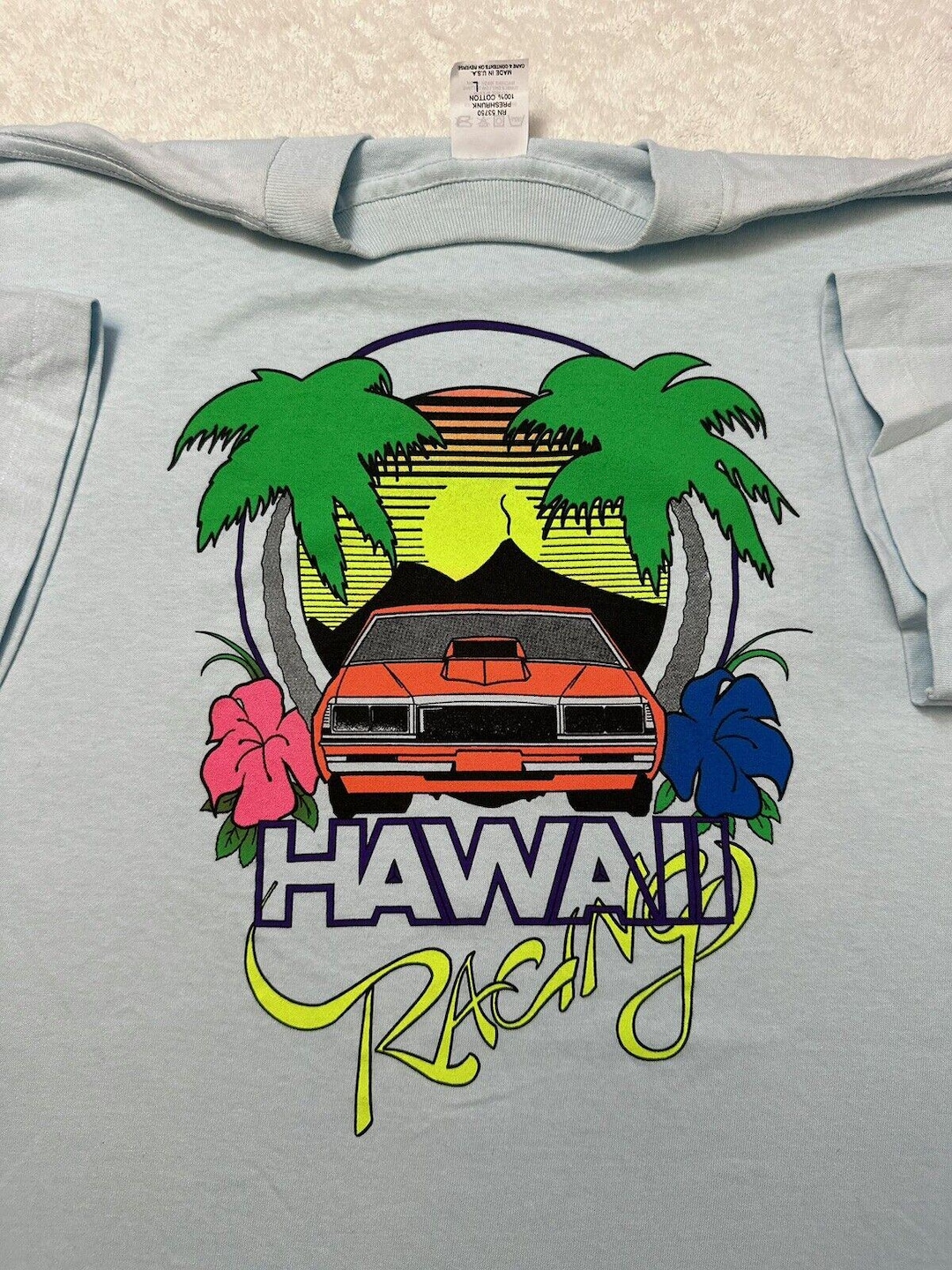 Vintage 1980s 80s Hawaii Racing Retro Race Car Roadster Neon Surf T ...
