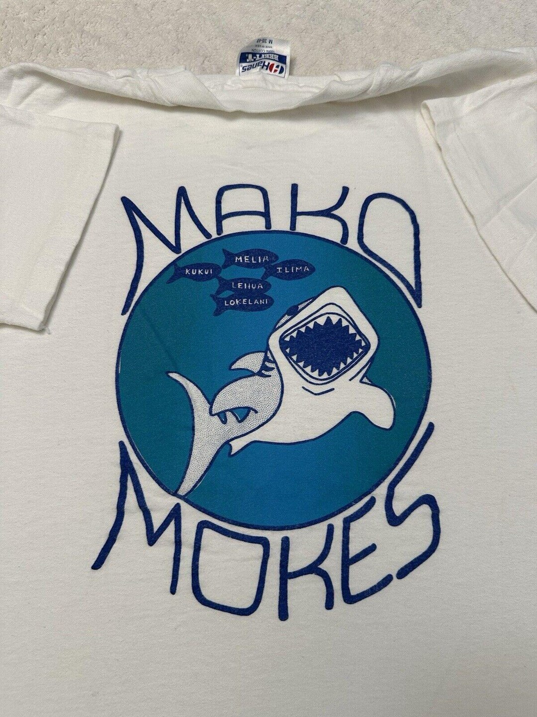 Vintage 1980s 80s Mako Mokes Great White Shark Hawaii Surf Surfing T ...