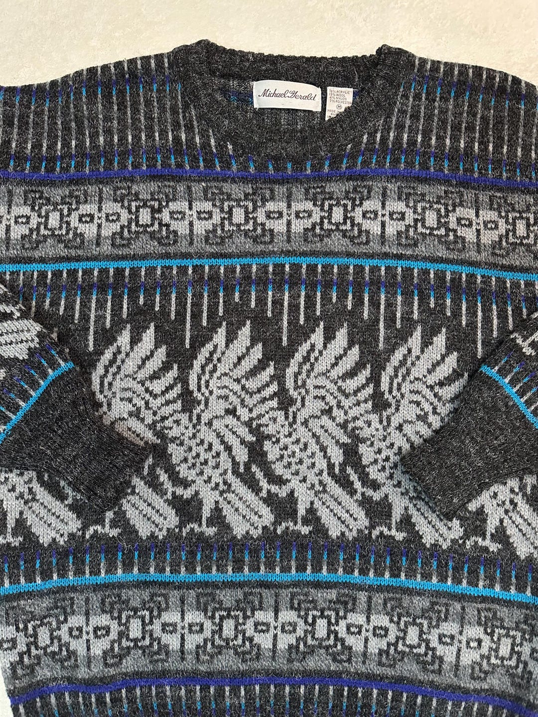 Vintage 1980s 80s Michael Gerald Wool Blend Geometric Eagle Pattern ...