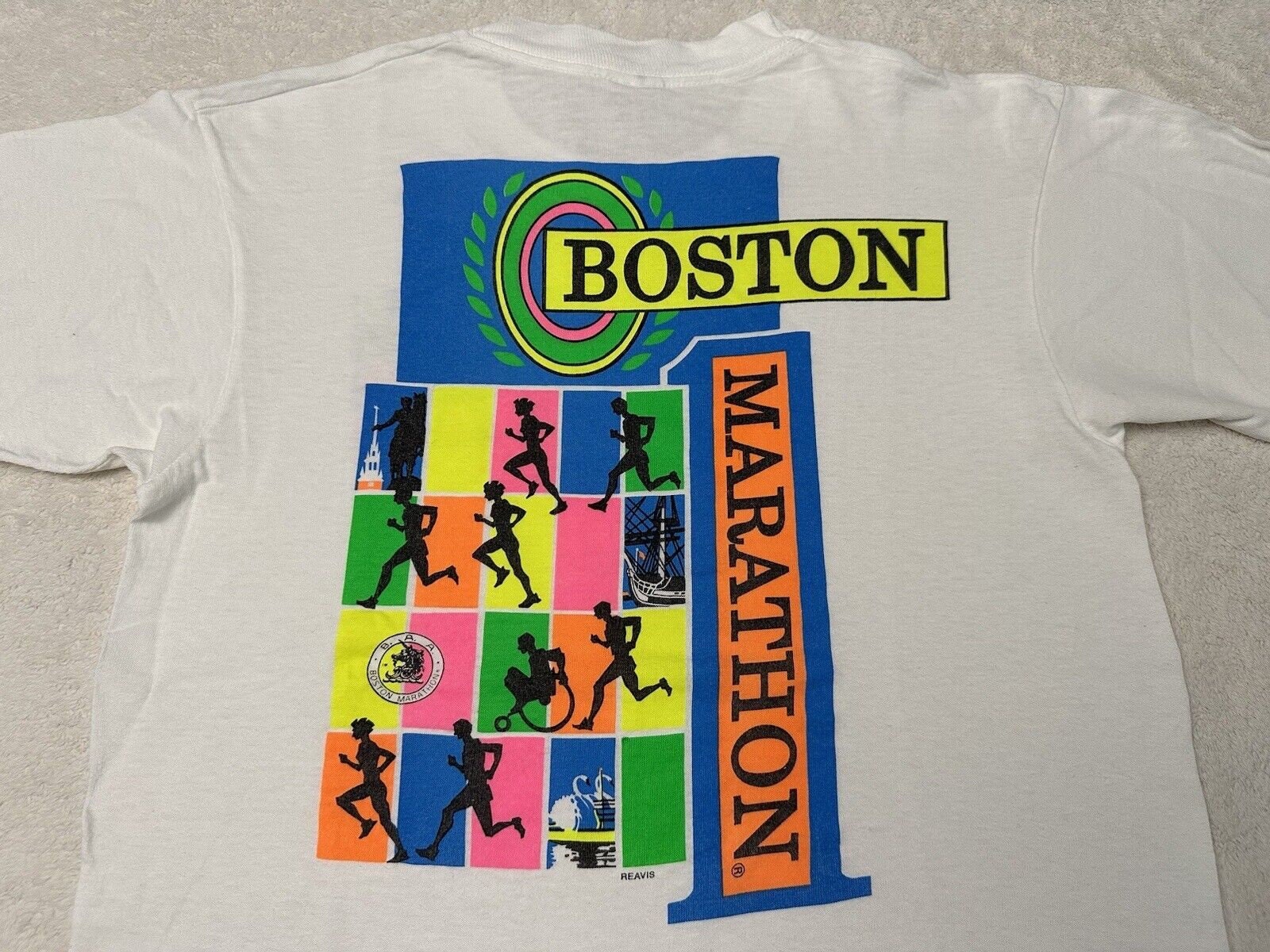 Vintage 1980s 1990s 90s Boston Marathon Running Race Neon Vaporwave T ...